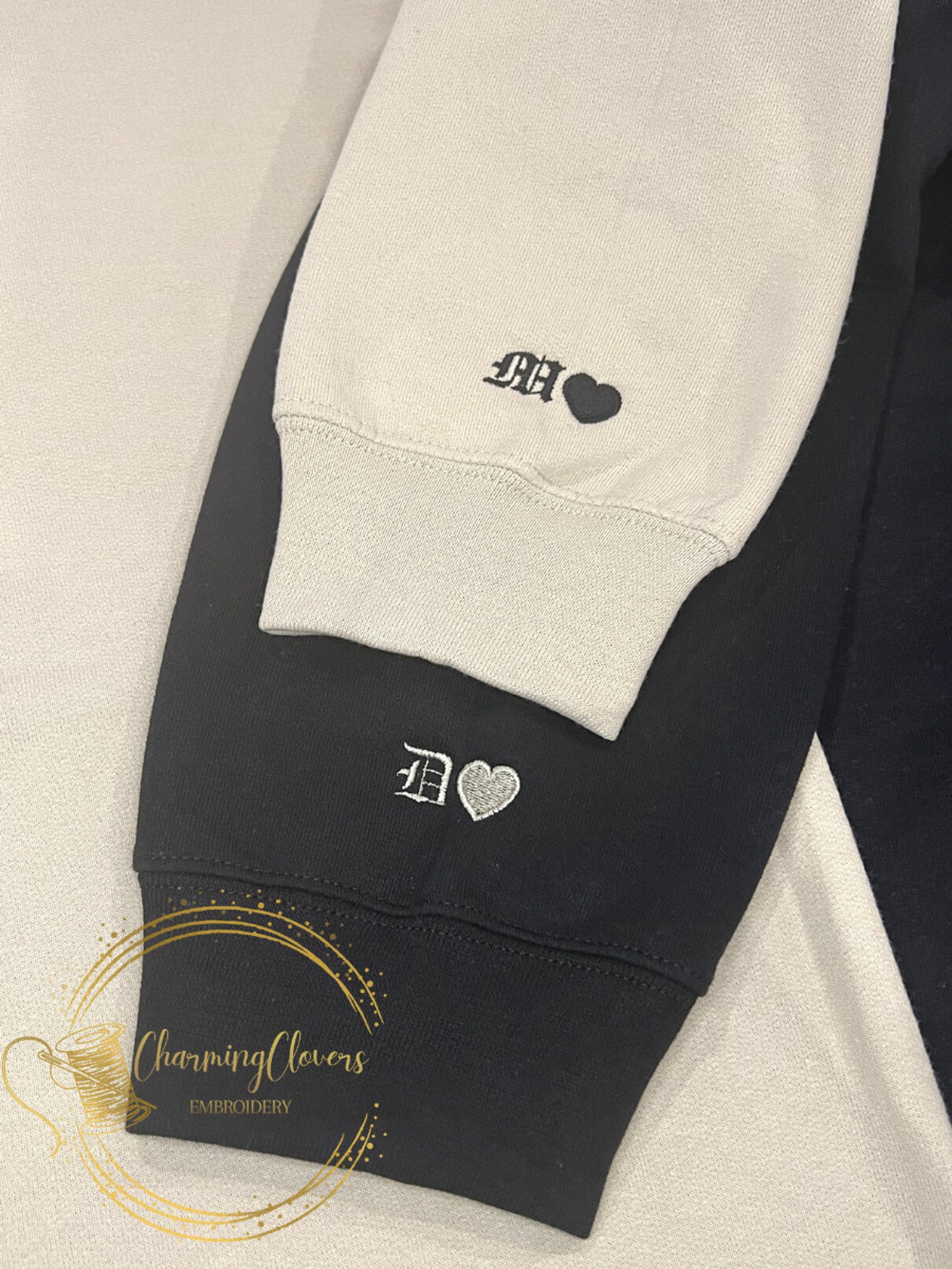 Embroidered Initial OLD ENGLISH FONT Heart | Couple's Crewneck ...