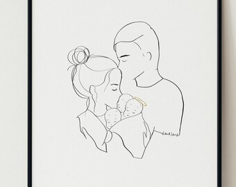 Angel Baby Family Portrait Line Art Physical Print Mother | Etsy