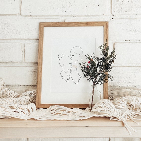 Angel Baby Family Portrait Line Art Physical Print Mother - Etsy