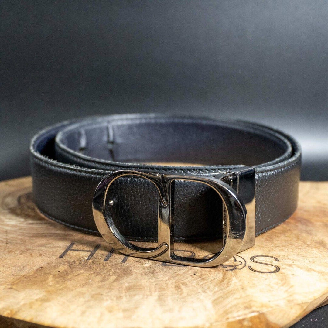 Dior Homme Mens Belt Leather CD Logo Buckle Belt Authentic Black Blue ...