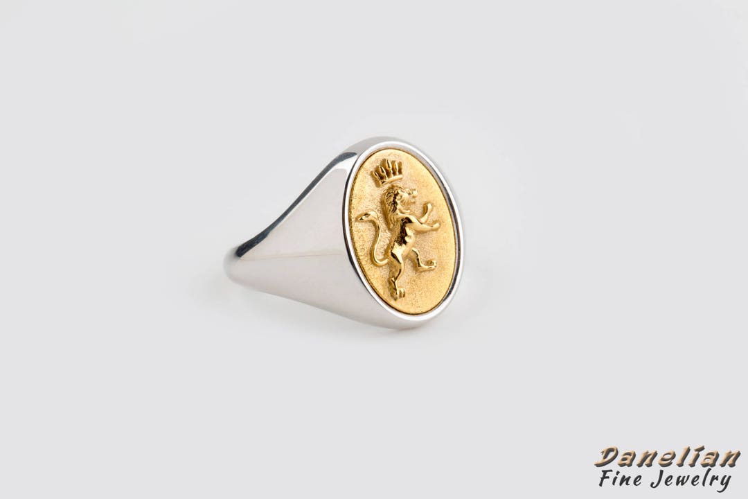 Lion Signet Ring: 14k Gold Crest, Sterling Silver Band - Etsy