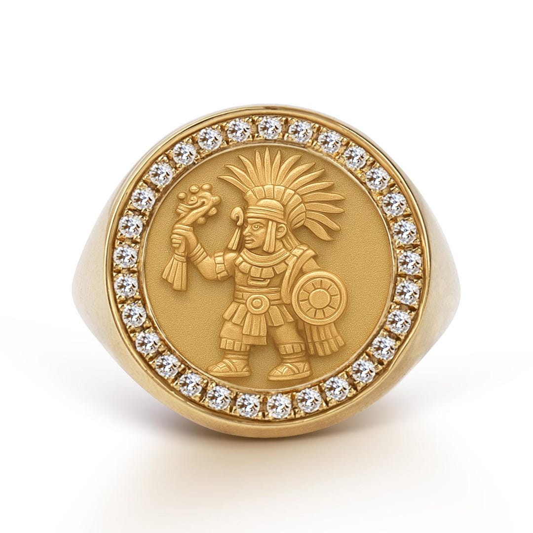 14K Gold Huitzilopochtli Diamond Signet Ring, Aztec Mythology - Etsy