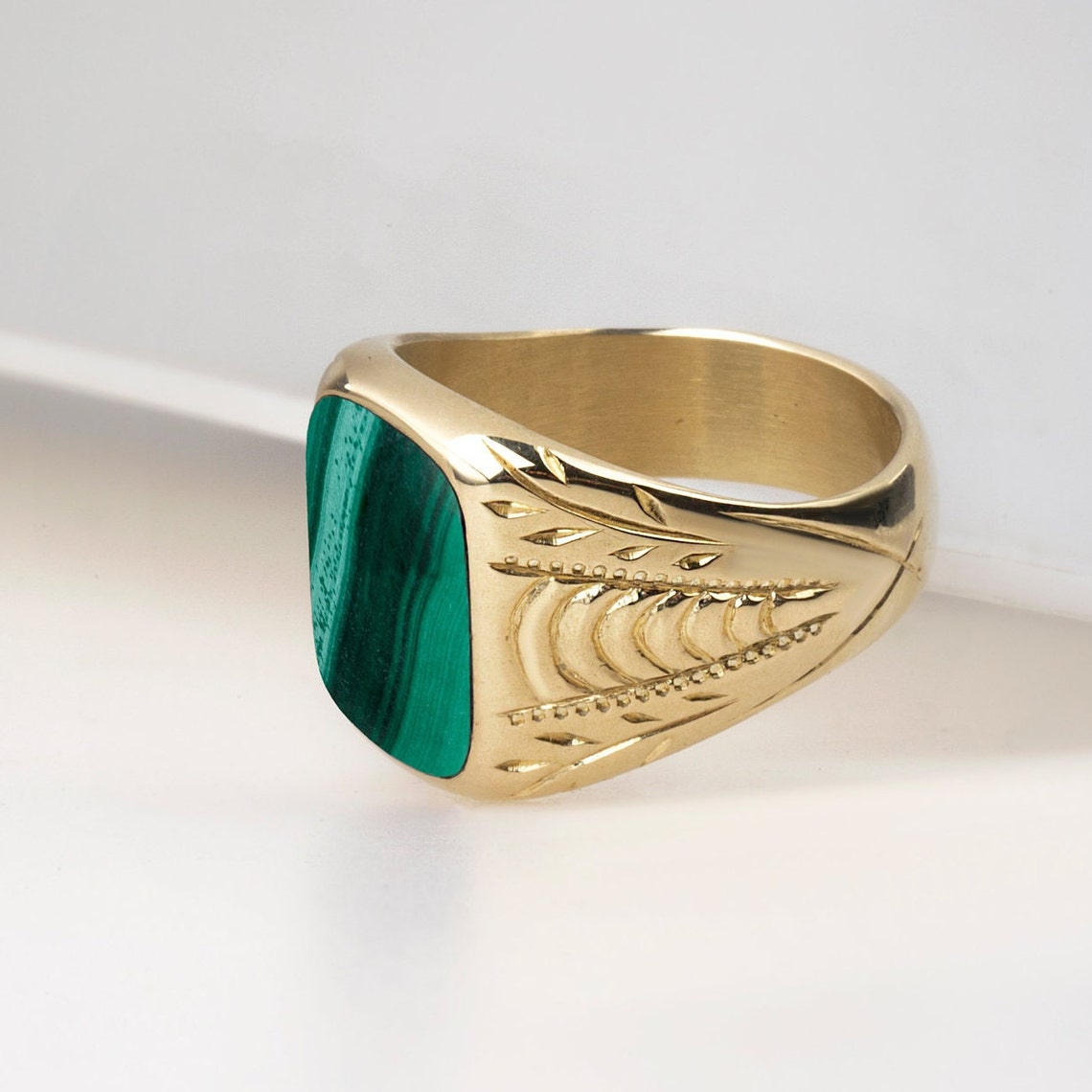 14K Gold Malachite Signet Ring: Hand-engraved Rectangle Ring - Etsy