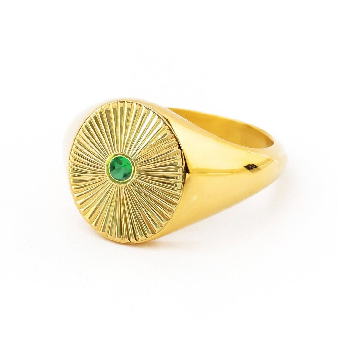 Hand Carved Emerald Gold Signet Ring: Natural Emerald, Sun Ray Design ...