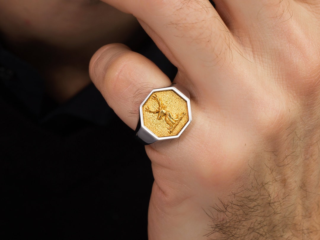 Stag Family Crest Signet Ring: Sterling Silver & 18K Gold - Etsy