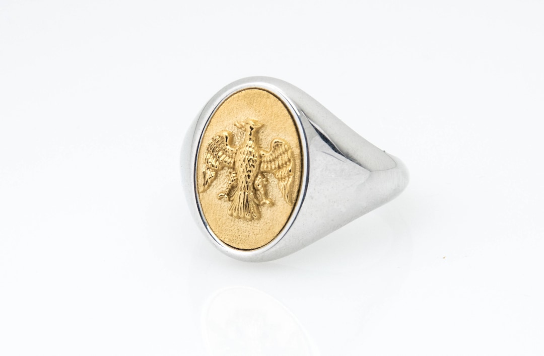 Mens Eagle Signet Ring: 14k Gold Seal, Sterling Silver Band - Etsy