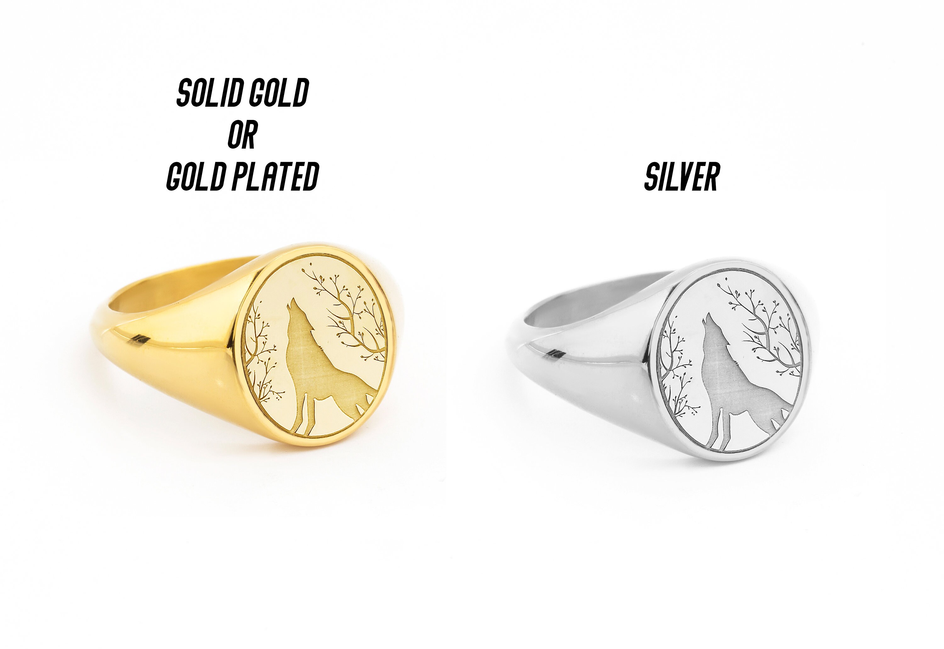 14K Gold Howling Wolf Signet Ring: Engraved Animal Jewelry - Etsy