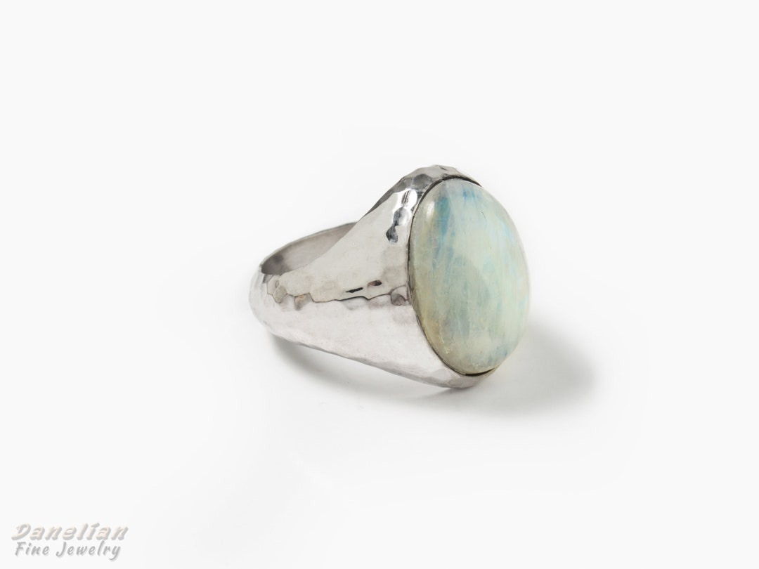 14k Gold Moonstone Signet Ring: Hammered Chevalier Ring - Etsy