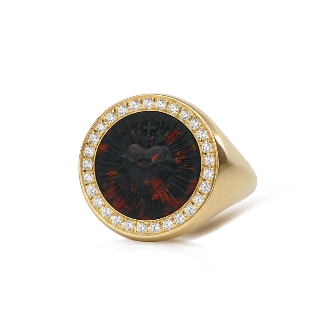 14K Gold Bloodstone Signet Ring: Diamond Bezel Sacred Heart Jewelry - Etsy