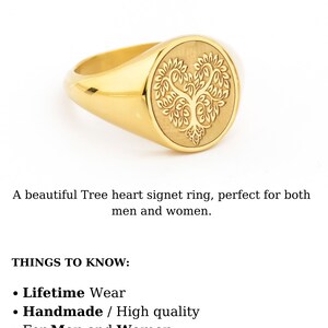 14K Solid Gold Heart Tree Signet Ring, Gold Tree of Life Ring ...