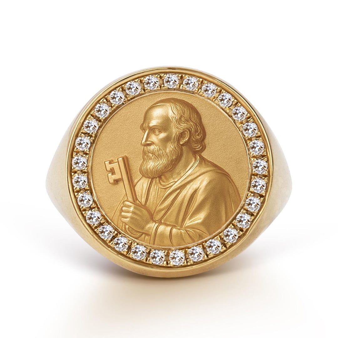 14K Gold Saint Peter Diamond Signet Ring, St Peter Key Ring, Catholic ...