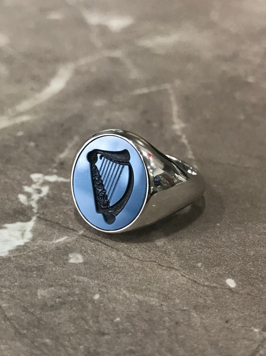 Blue Agate Celtic Harp Signet Ring: Custom Family Crest - Etsy