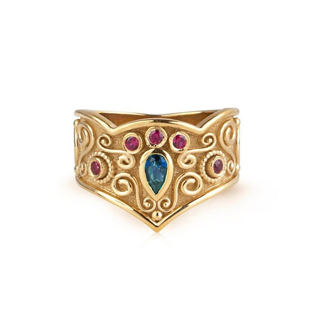 14K Gold Etruscan Style Ring: Sapphire & Ruby Byzantine Statement - Etsy