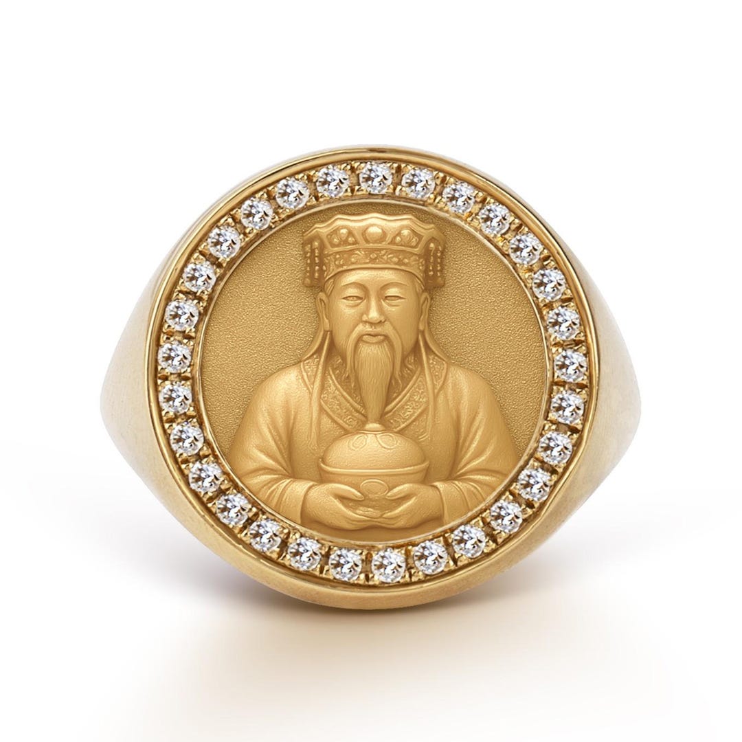 14K Gold Jade Emperor Diamond Signet Ring, Chinese God Jewelry - Etsy