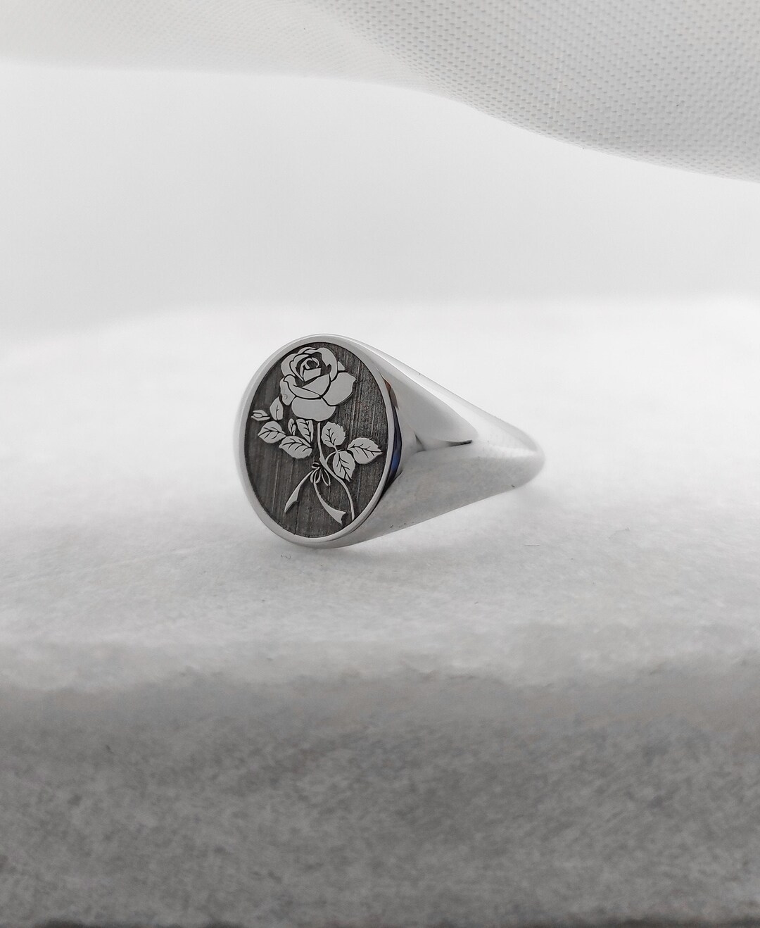 Sterling Silver Rose Signet Ring: Engraved Flower, Personalized Ring - Etsy