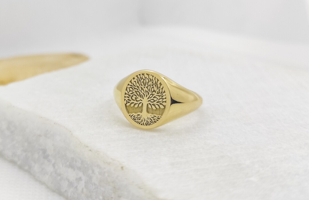 Solid Gold Family Tree Ring: Engraved Signet Ring, Personalized Jewelry ...