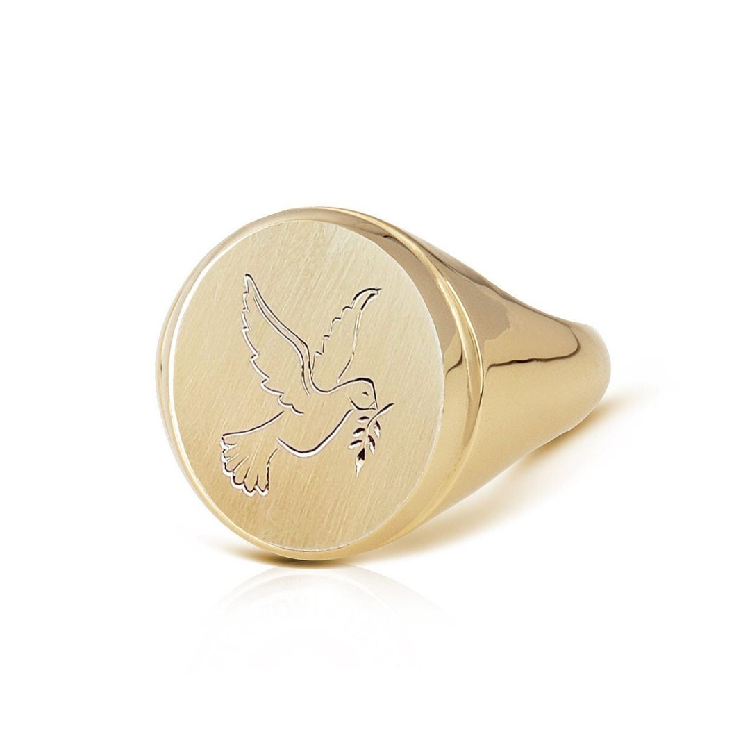 14K Gold Dove Bird Sigent Ring, Hand Carved Bird Ring, Solid Gold ...