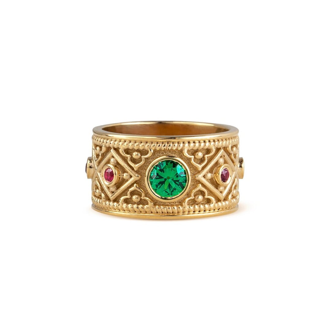 14K Solid Gold Byzantine Ring, Green Stone Byzantine Jewelry, Gold ...