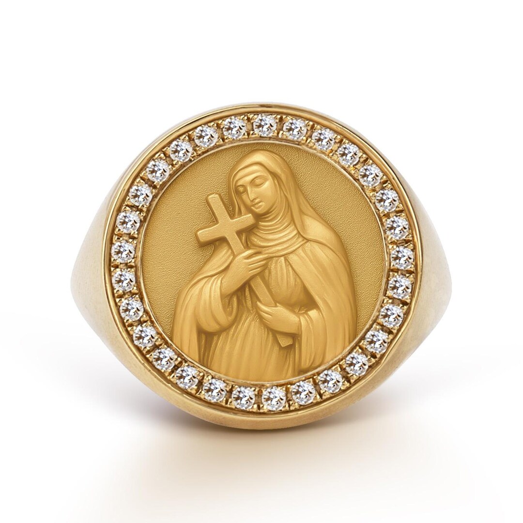 14K Gold Saint Catherine Diamond Signet Ring, Patron Saint Ring ...