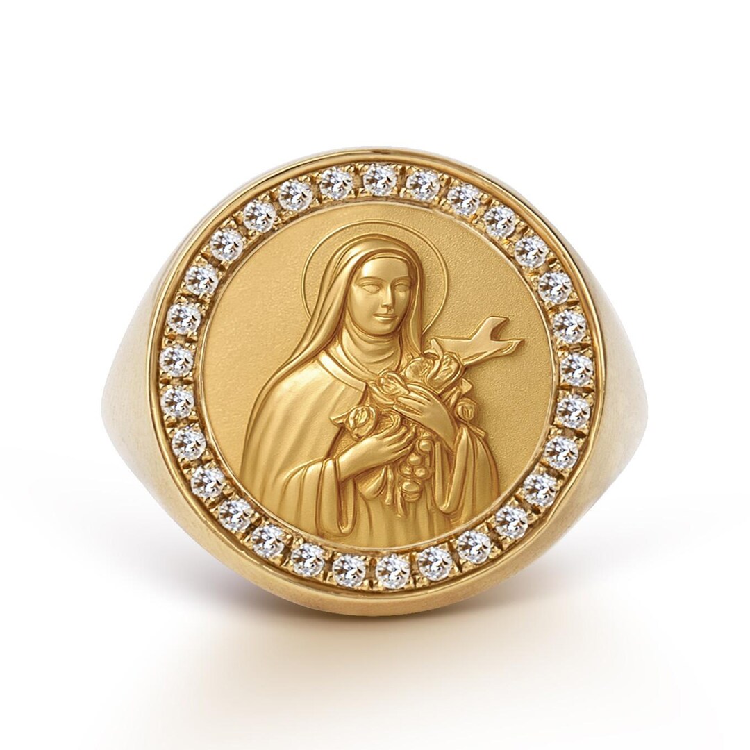 14K Gold Saint Thérèse Diamond Signet Ring, Catholic Religious Jewelry ...
