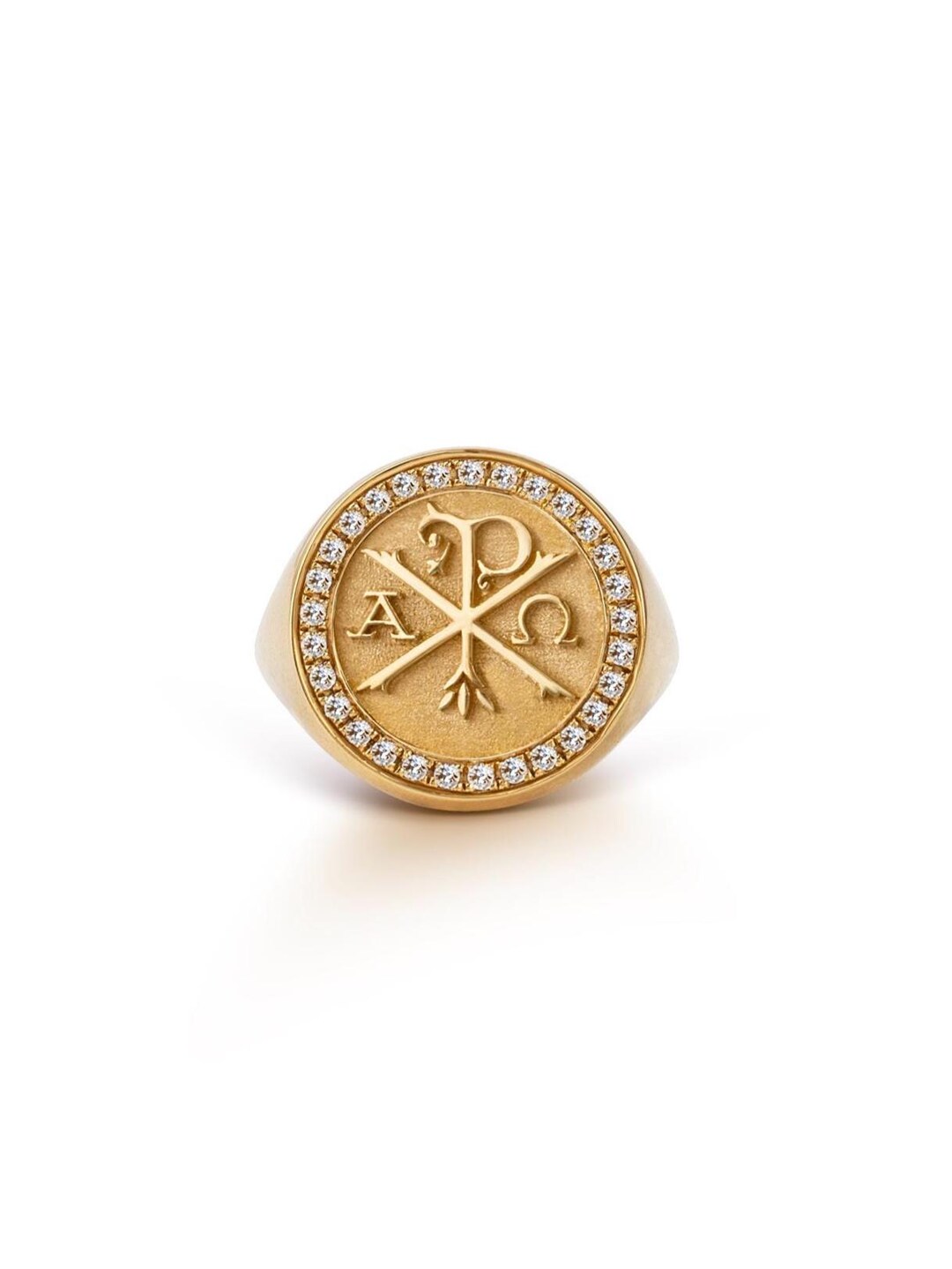 14K Gold Diamond Chi Rho Ring: Religious Signet, Alpha Omega - Etsy