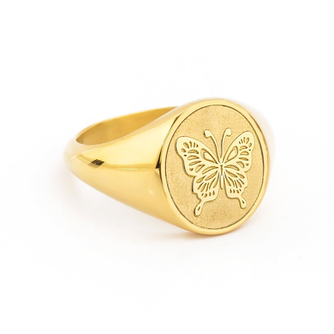 14K Solid Gold Butterfly Signet Ring, Statement Ring, Personalized ...