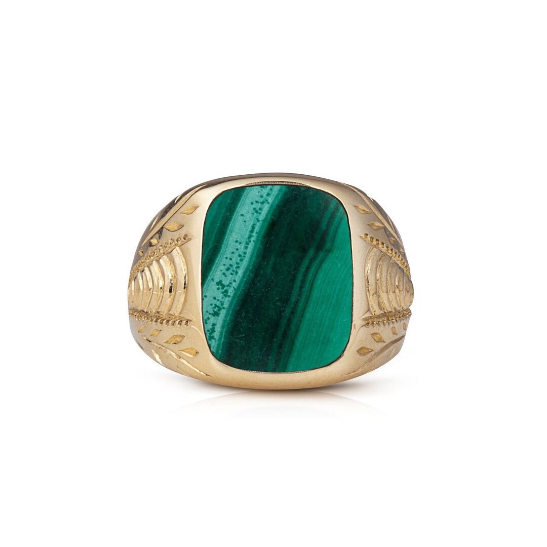14K Gold Malachite Signet Ring: Hand-engraved Rectangle Ring - Etsy