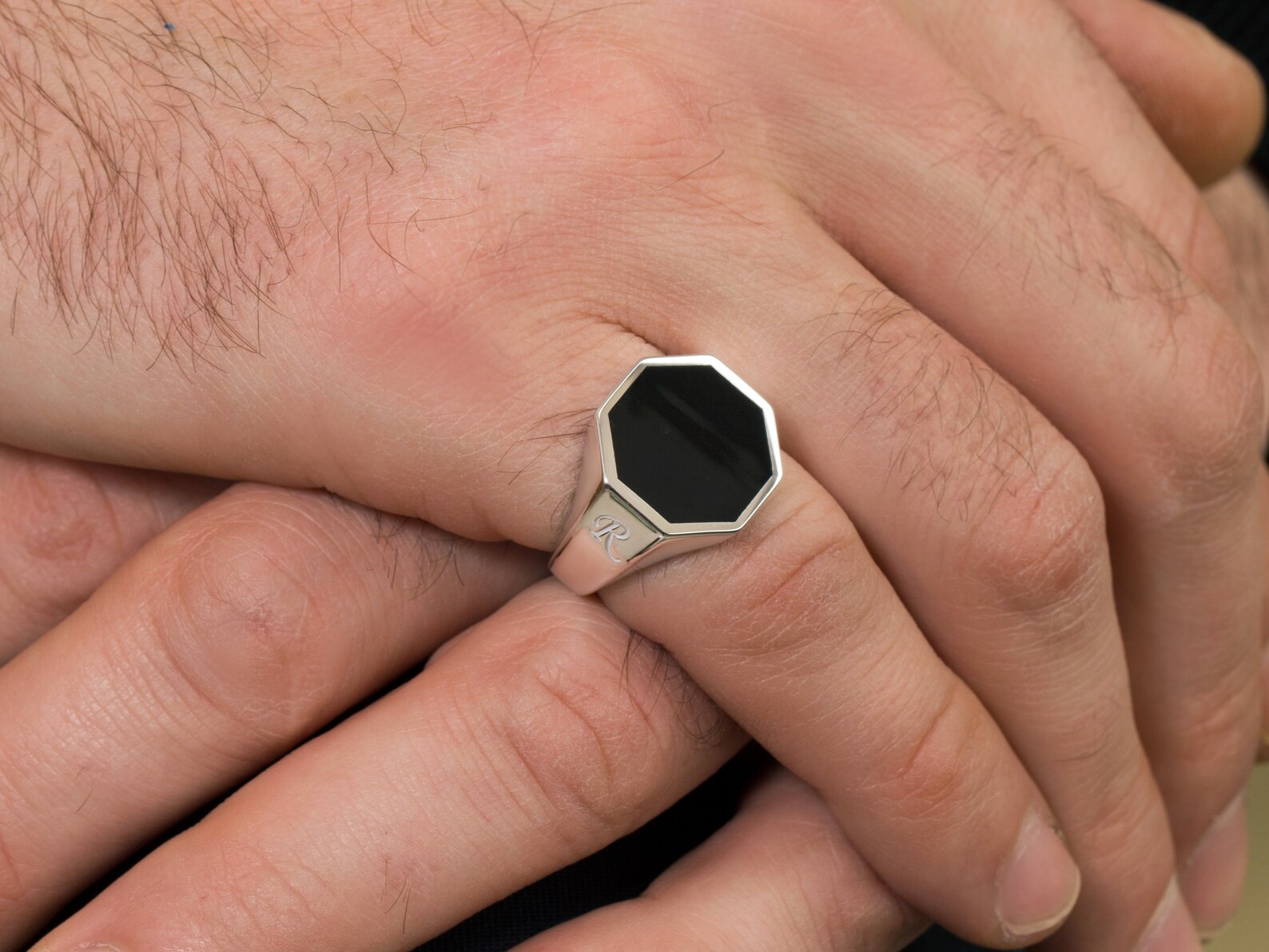 Octagon Ring Men Octagon Signet Black Enamel Ring Silver | Etsy