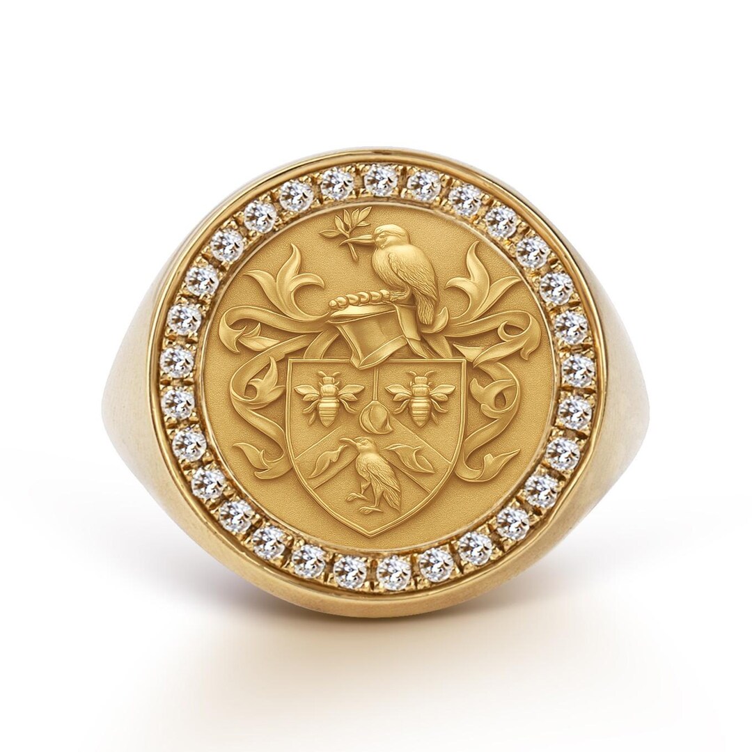 14K Gold Coat of Arms Diamond Signet Ring, Gold Family Crest Ring ...