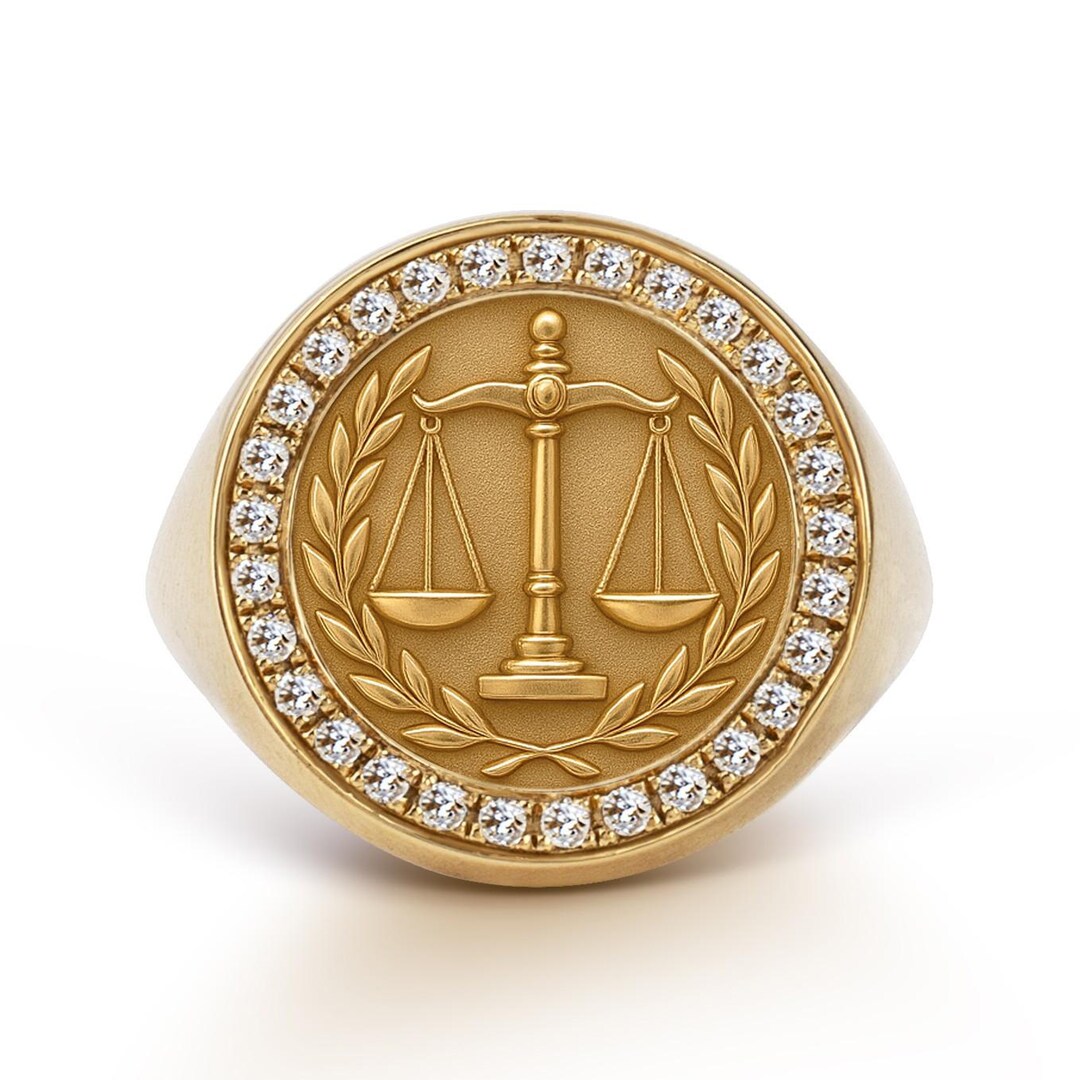 14K Gold Diamond Scales of Justice Signet Ring, Law Gift - Etsy