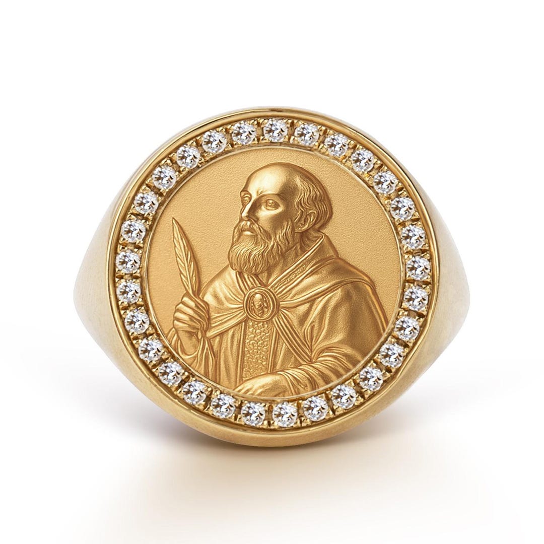 14K Gold Saint Augustine Diamond Signet Ring, Patron Saint Ring ...