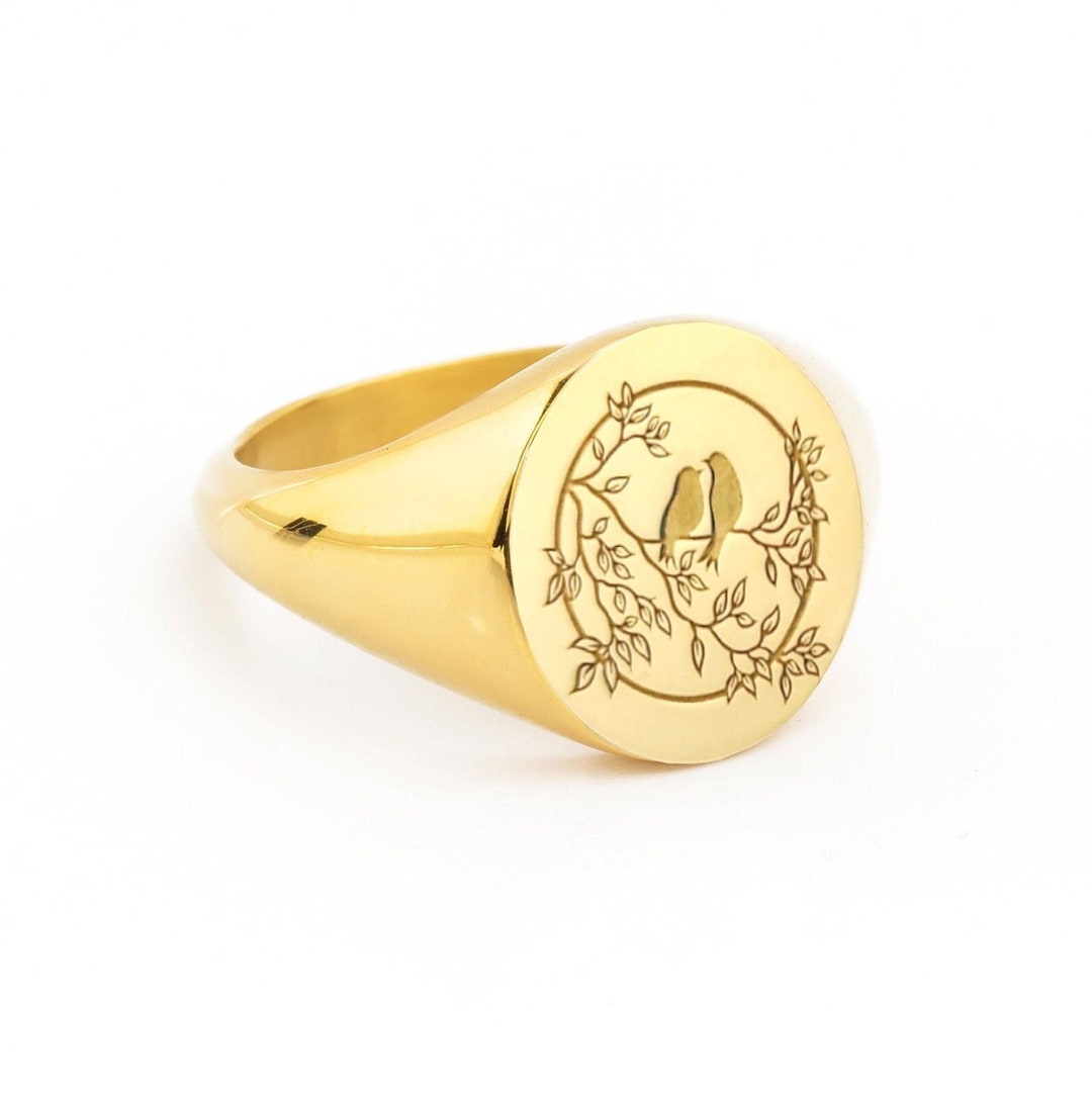 14K Gold Bird Nest Signet Ring: Engraved Nature Jewelry - Etsy