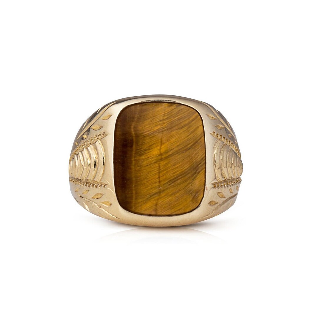 Gold Tiger Eye Signet Ring, 14K Gold Hand-carved Men Signet Ring ...