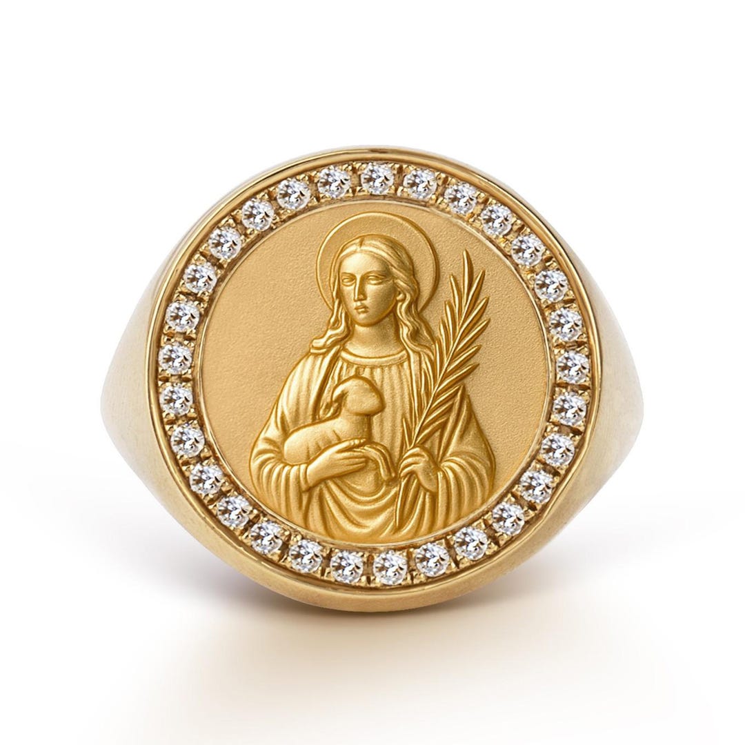 14K Gold Saint Agnes Diamond Signet Ring, Patron Saint Ring, Christian ...