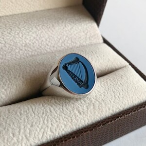 Blue Agate Celtic Harp Signet Ring: Custom Family Crest - Etsy