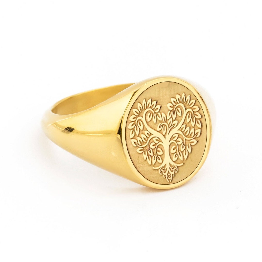 14K Solid Gold Heart Tree Signet Ring, Gold Tree of Life Ring ...