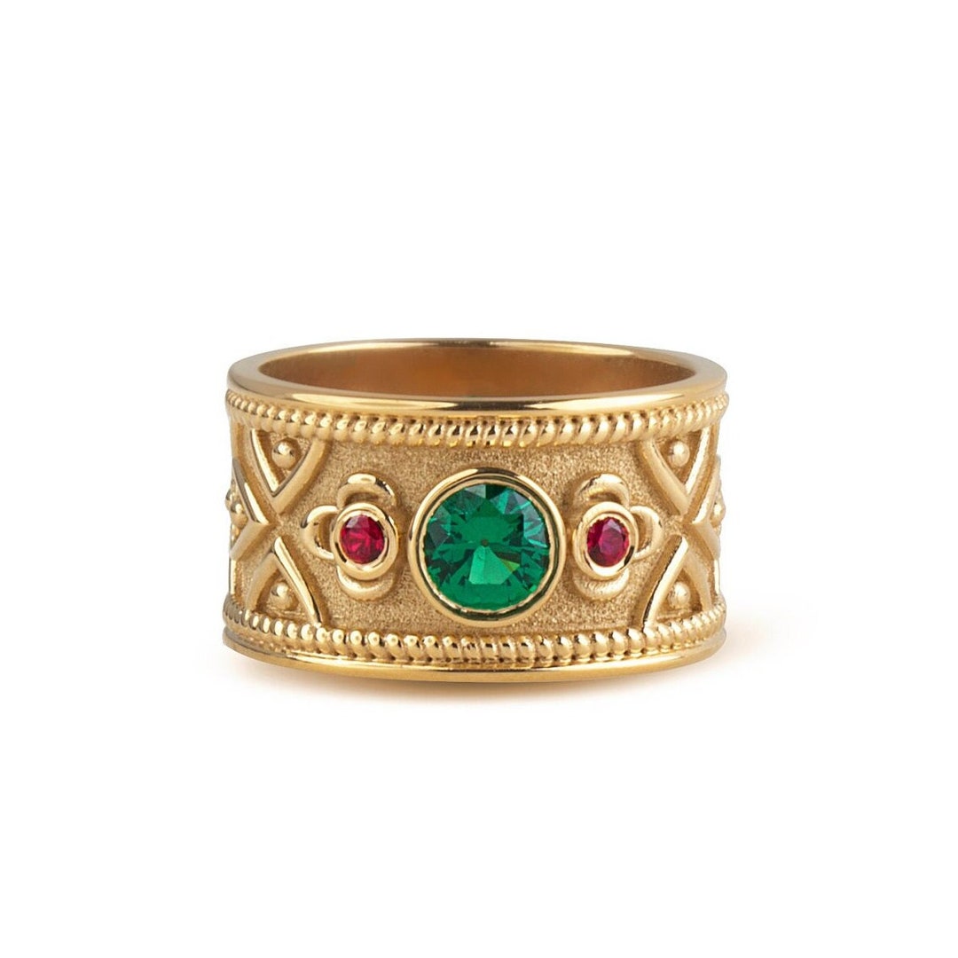 Gold Etruscan Style Ring: Emerald & Ruby Byzantine Band - Etsy
