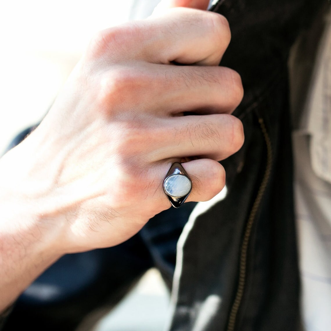 Moonstone Signet Ring Men: Black Sterling Silver Band - Etsy