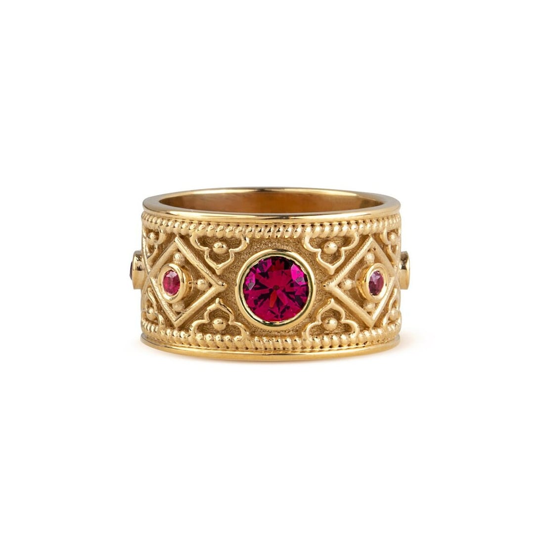 14K Gold Ruby Ring: Handmade Byzantine Style Wide Band - Etsy