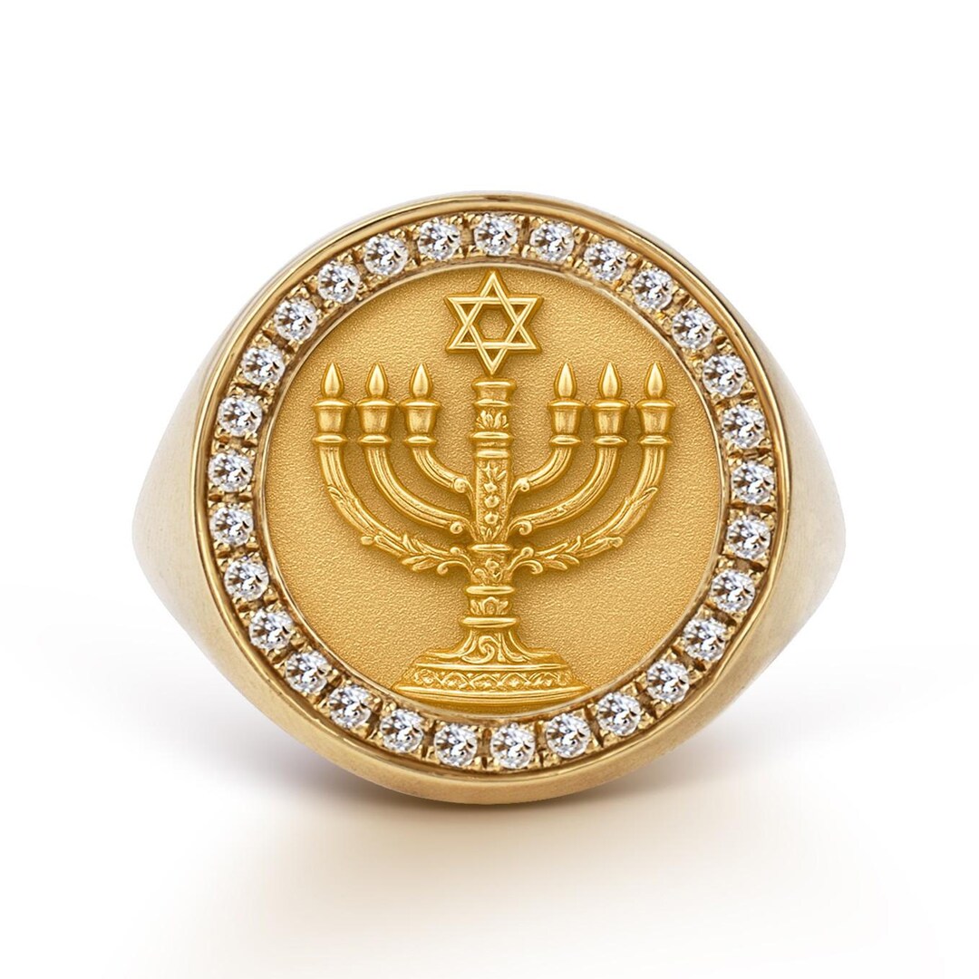 14K Gold Menorah Diamond Signet Ring, Jewish Jewelry - Etsy