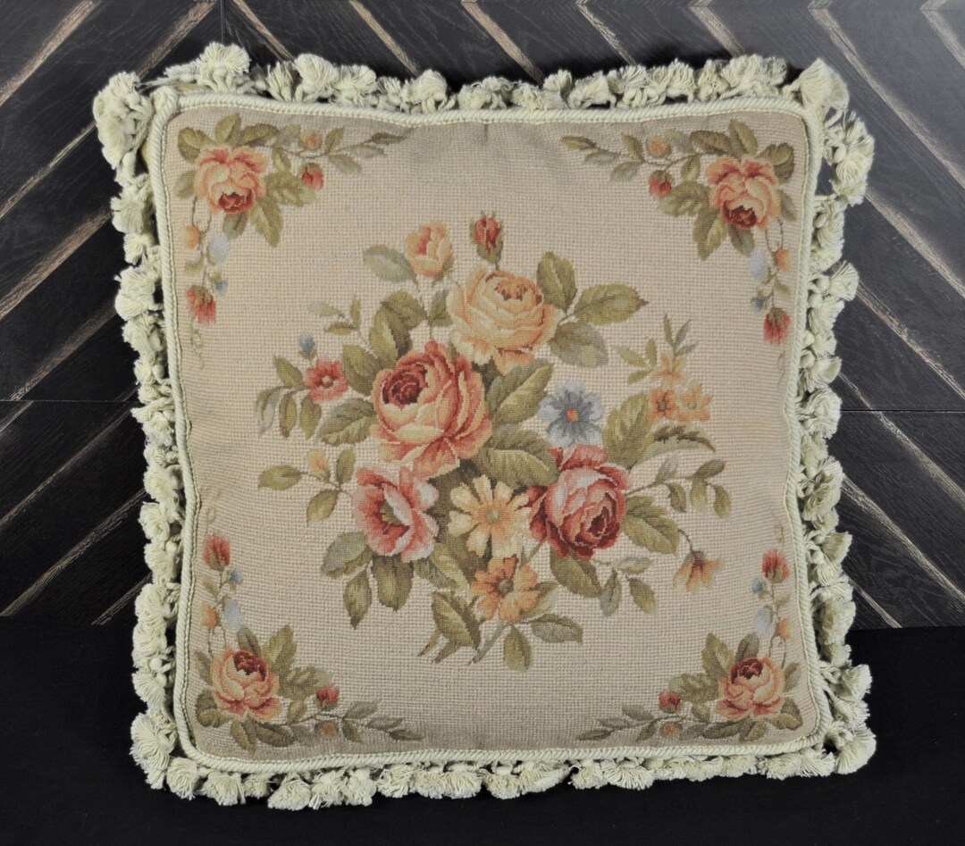 English Garden Floral Pillow, Beige Floral Needlepoint Pillow Cover ...