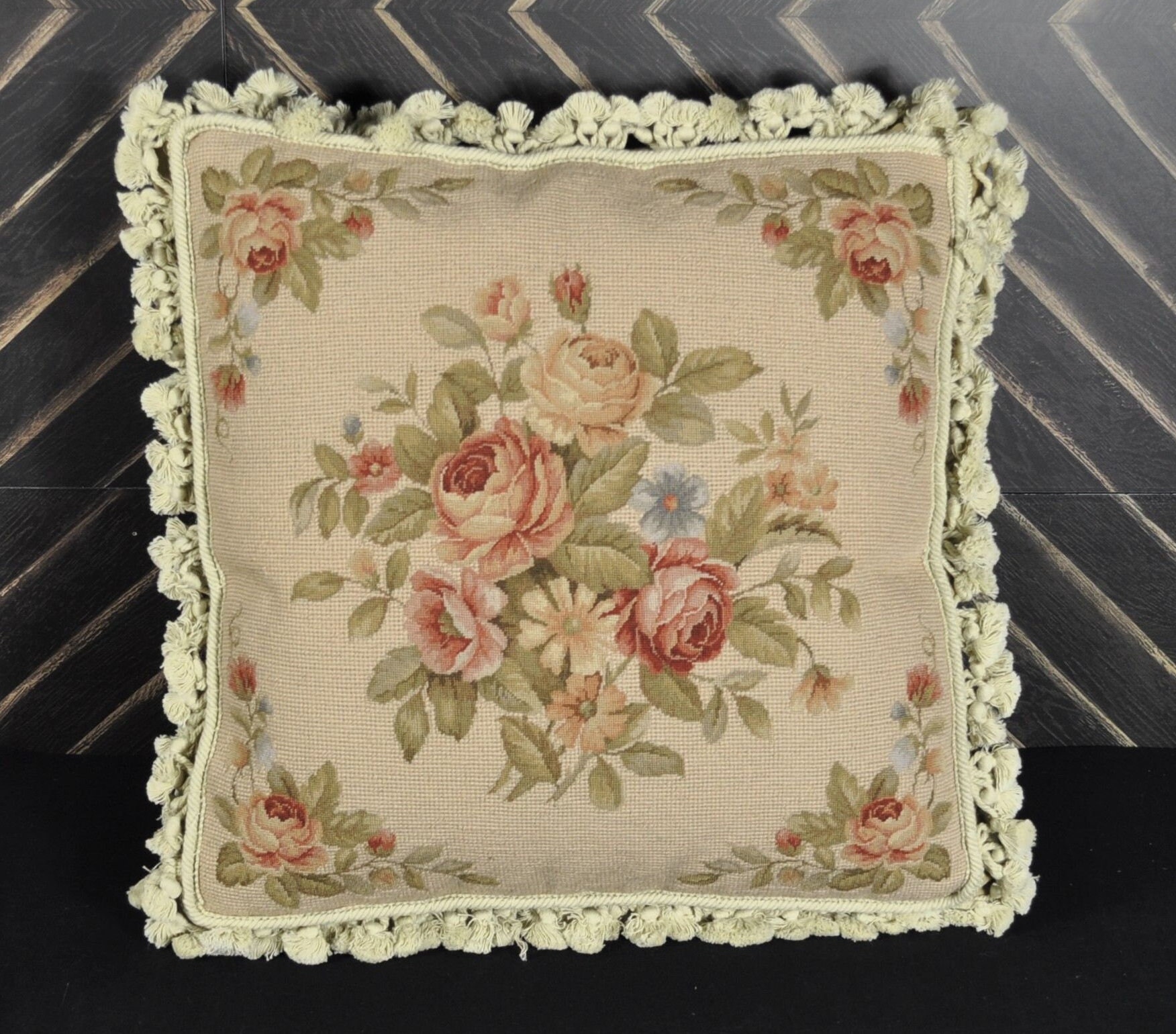 English Garden Floral Pillow, Beige Floral Needlepoint Pillow Cover ...