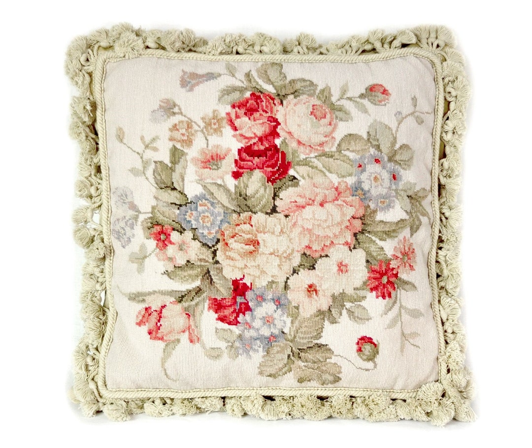 Wool Petit Point Tapestry Throw Pillow Cover | Hand-stitched ...