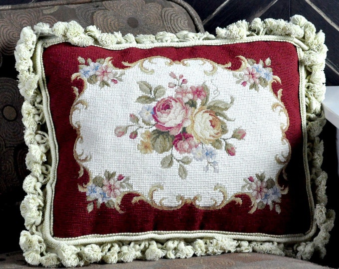 Vintage Needlepoint Throw Pillow Cover Cabbage Rose Victorian Style ...