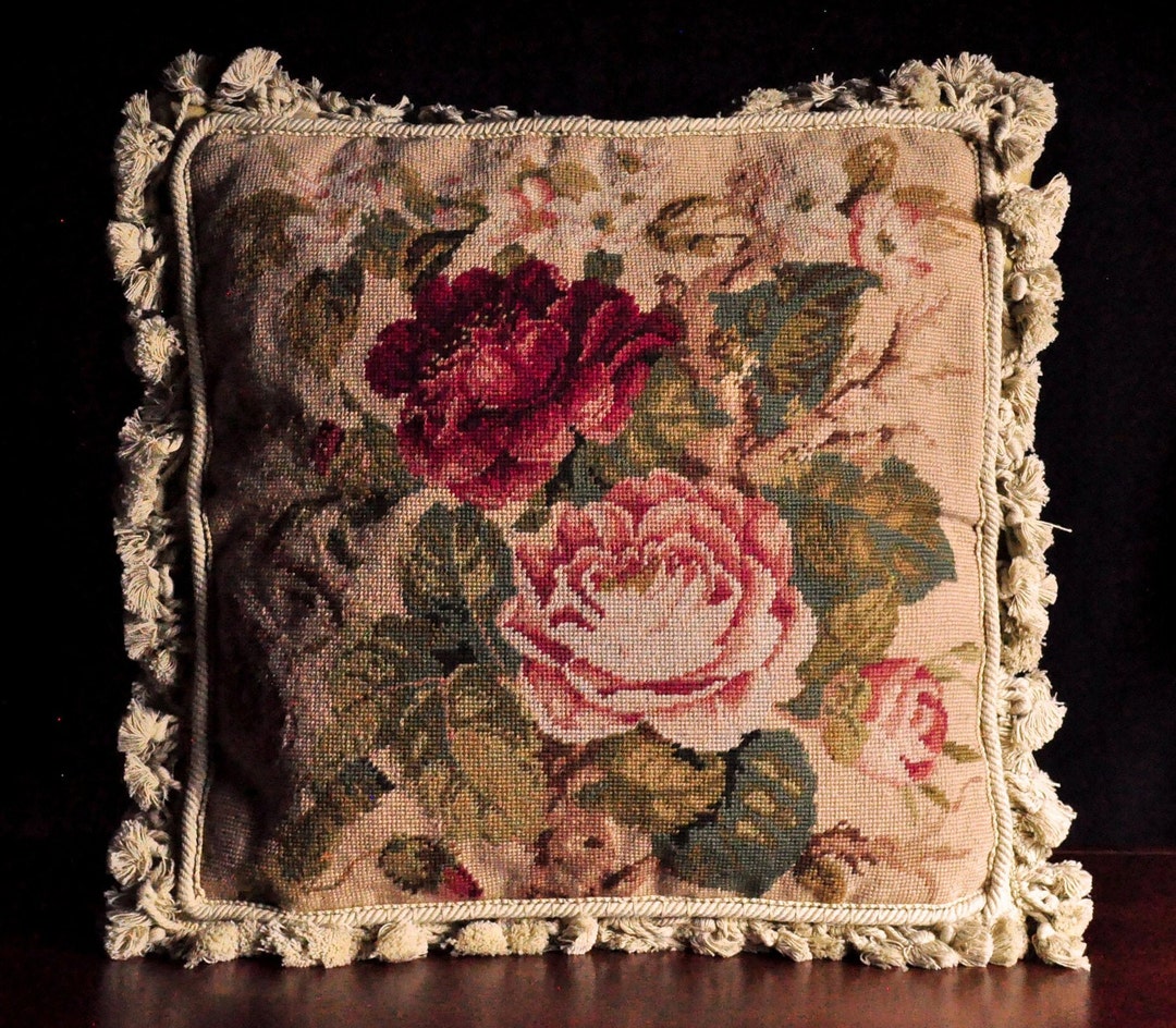 Vintage Needlepoint Throw Pillow Cover Cabbage Rose Victorian Style ...