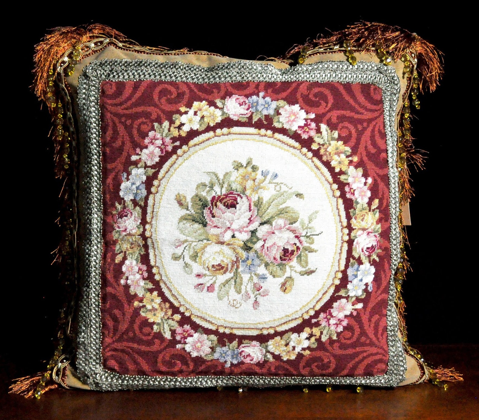 Vintage English Cottage Needlepoint Pillow Cover Antique Cottagecore ...