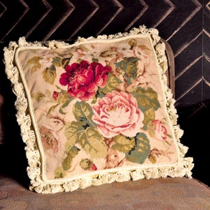 Vintage Needlepoint Throw Pillow Cover Cabbage Rose Victorian Style ...