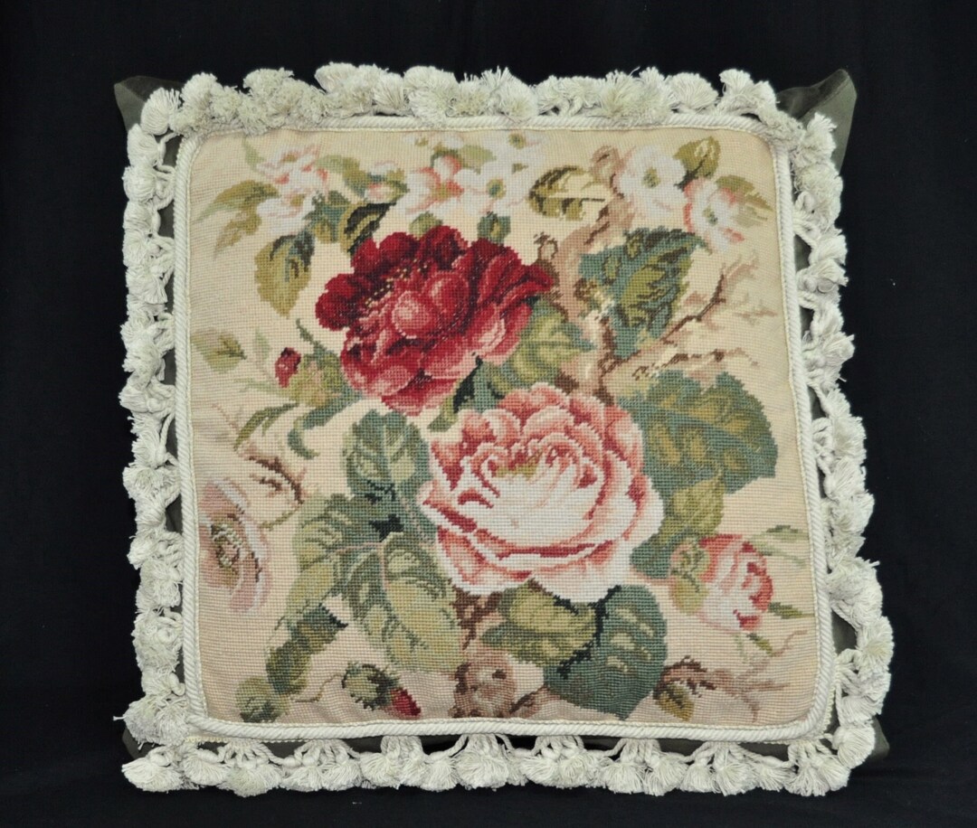 Wool Petit Point Throw Pillow Cover Cabbage Rose Victorian Style ...