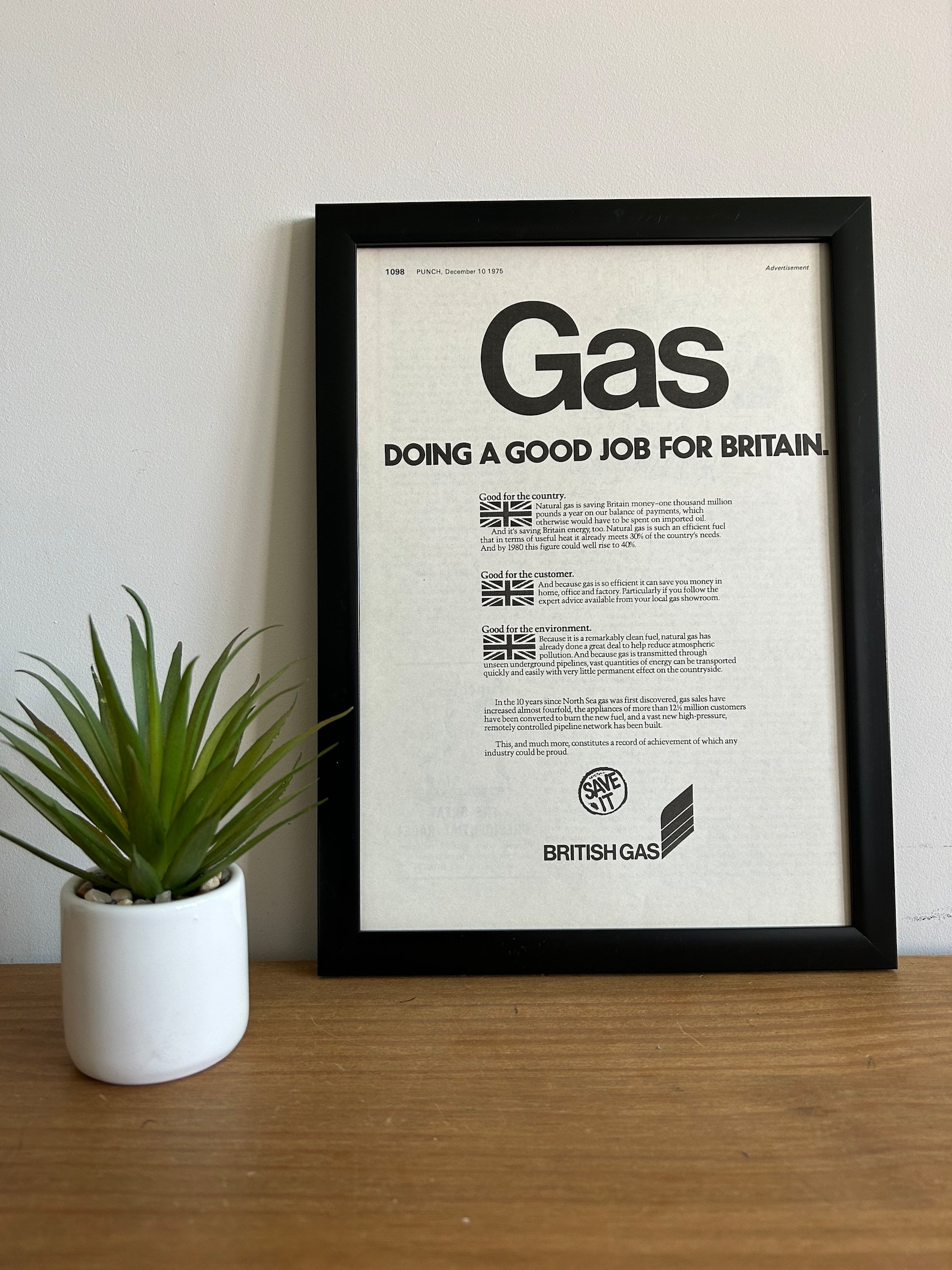 Vintage British Gas Advert, Framed 1970s Advertisement, TV Poster, Wall ...