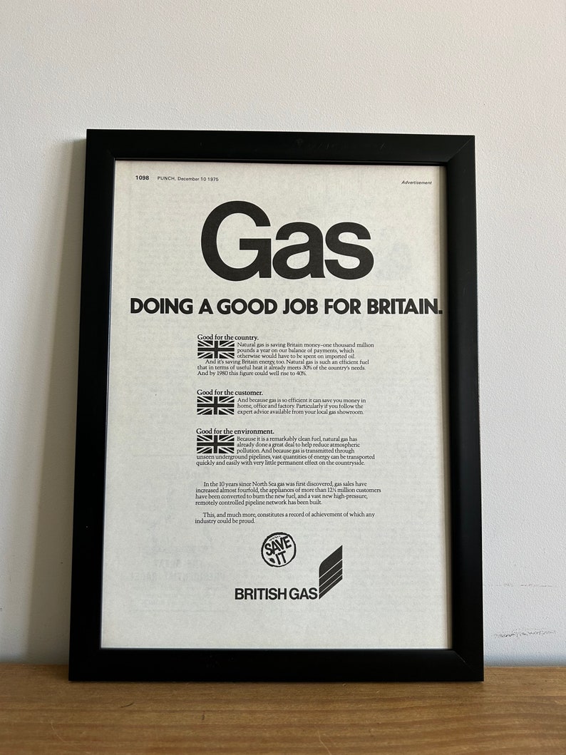 Vintage British Gas Advert, Framed 1970s Advertisement, TV Poster, Wall ...